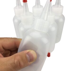 Hobbyland Squeeze Bottles, LDPE Plastic Bottles, Natural Boston Round Bottles, Yorker Spout Red Caps, Tips have .30 Hole (4oz, 24/410 Neck, 6 Bottles)