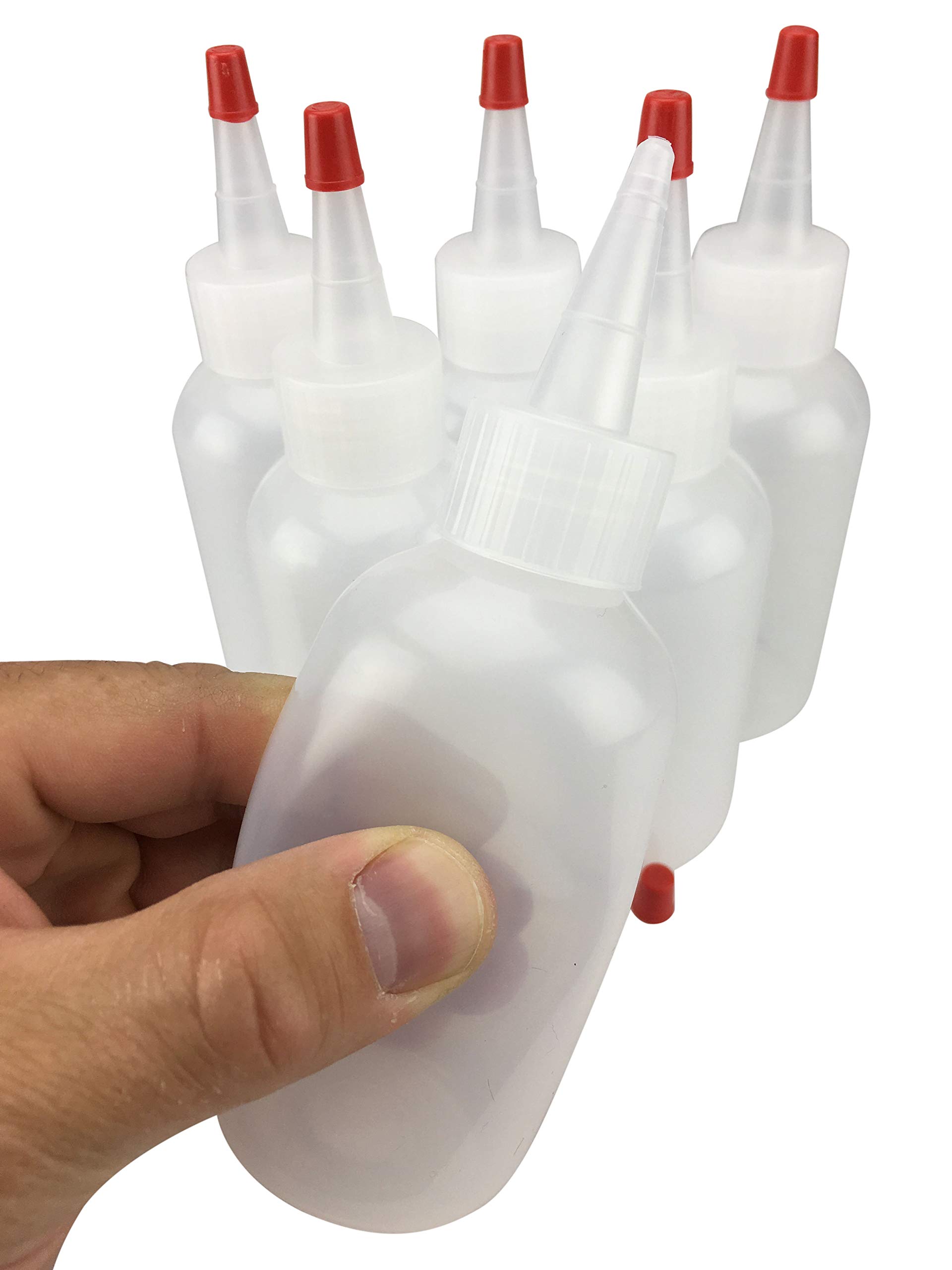 Hobbyland Squeeze Bottles, LDPE Plastic Bottles, Natural Boston Round Bottles, Yorker Spout Red Caps, Tips have .30 Hole (4oz, 24/410 Neck, 6 Bottles)