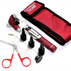 Premium Student Home Use Led Bright Light ENT Diagnostic Otoscope Pocket Size Burgundy Plus Alligator Ear Nose Forceps Plus 1 Extra Replacement Bulb Cynamed