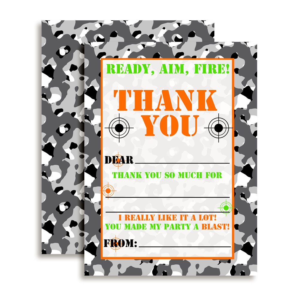 Camouflage Laser Tag Birthday Thank You Notes for Kids, Ten 4" x 5.5" Fill In the Blank Cards with 10 White Envelopes by AmandaCreation