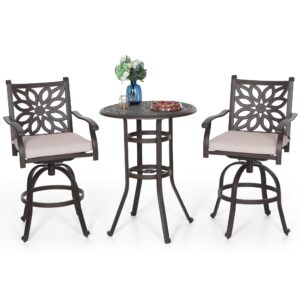 phi villa patio furniture set, brown 3pcs cast aluminum high top table and swivel bar stools with cushion, pub bistro set for outdoor