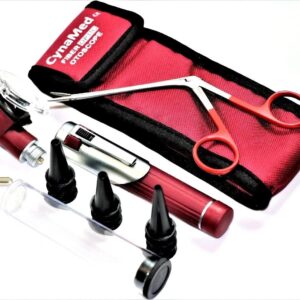 Premium Student Home Use Led Bright Light ENT Diagnostic Otoscope Pocket Size Burgundy Plus Alligator Ear Nose Forceps Plus 1 Extra Replacement Bulb Cynamed