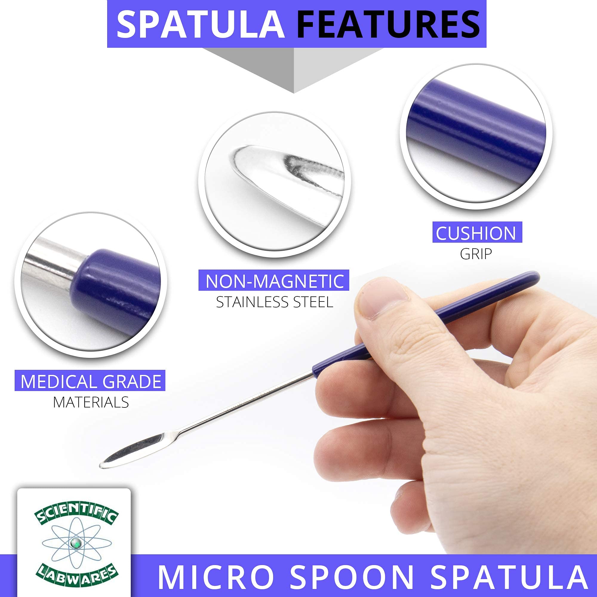 Scientific Labwares Micro Lab Spoon/Scoop Spatula with Stainless Steel Blade Vinyl Handle