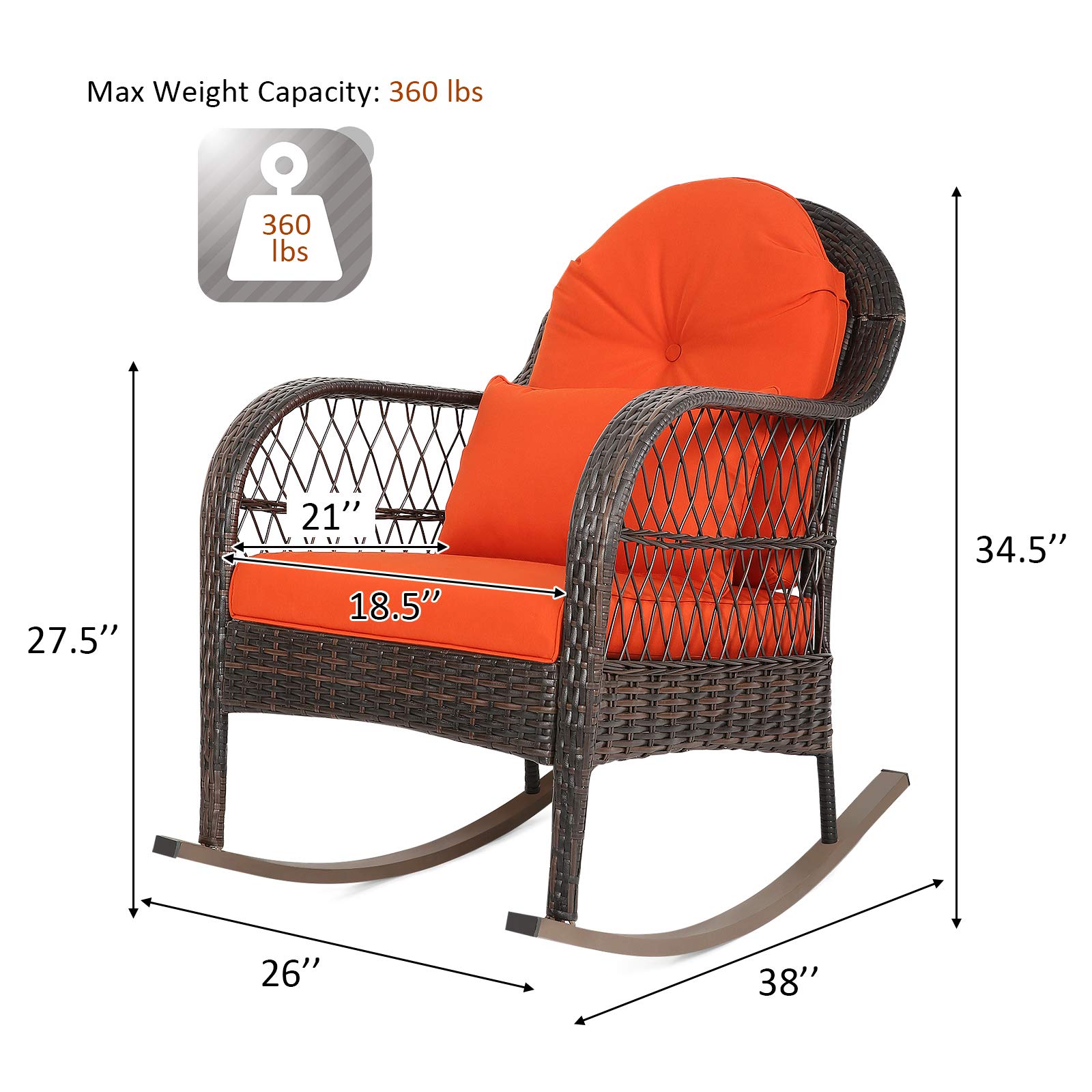 Tangkula Outdoor Wicker Rocking Chair, All- Weather Rattan Armchair w/Heavy-Duty Steel Frame, Patio Glider Rocker Chair w/Thick Cushions & Lumbar Pillow for Poolside, Garden, Porch, Backyard