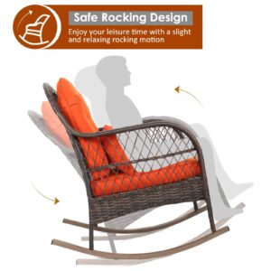 Tangkula Outdoor Wicker Rocking Chair, All- Weather Rattan Armchair w/Heavy-Duty Steel Frame, Patio Glider Rocker Chair w/Thick Cushions & Lumbar Pillow for Poolside, Garden, Porch, Backyard