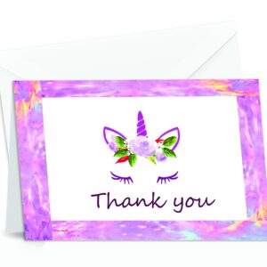 Unicorn Thank You Cards - 4x7 Inches of 50 Purple and Pink Unicorn Design Blank Card Notes with Envelopes - Perfect for Kids and Birthday Parties, Write Happy Gift-Notes for Baby, Graduation, Weddings