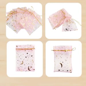 QIANHAILIZZ 100 Pack 3.5 x 4.7 Inch Moon Star Organza Jewelry Gift Pouch Candy Pouch Drawstring Wedding Favor Bags MS9 (pink)