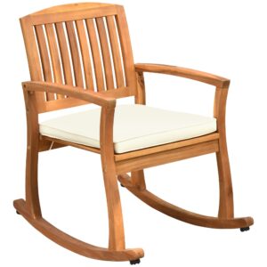 outsunny outdoor rocking chair with cushion, acacia wood patio rocker for backyard, patio, home, teak tone