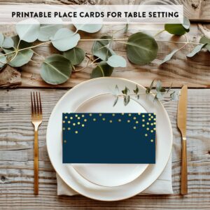 Andaz Press Navy Blue with Gold Metallic Ink, Printable Table Tent Place Cards, 20-Pack Seat Placement Cards Blank Place Cards for Table Settings Name Cards for Bridal Wedding, Graduation Food Cards