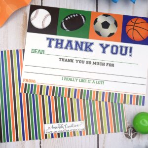 All Star Sports Birthday Thank You Notes for Kids, Ten 4" x 5.5" Fill In the Blank Cards with 10 White Envelopes by AmandaCreation