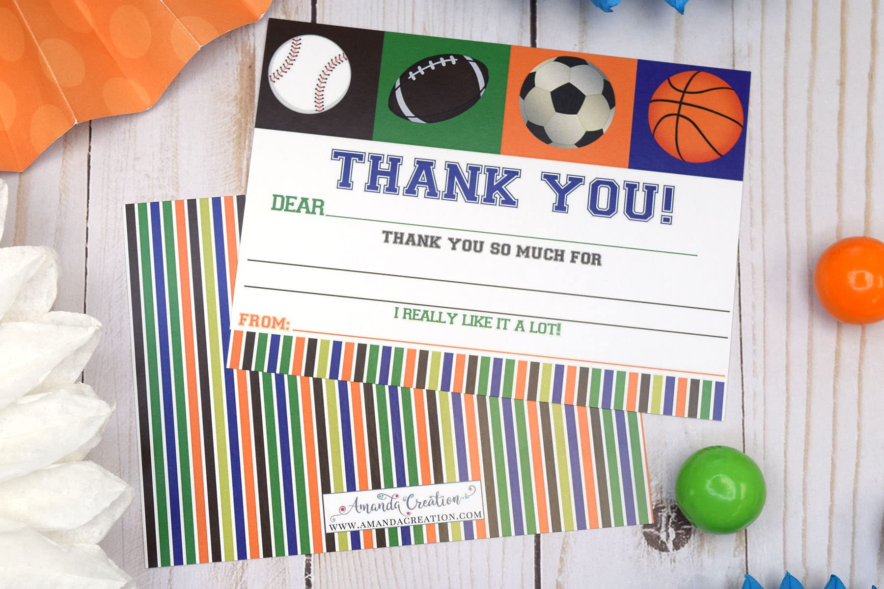 All Star Sports Birthday Thank You Notes for Kids, Ten 4" x 5.5" Fill In the Blank Cards with 10 White Envelopes by AmandaCreation