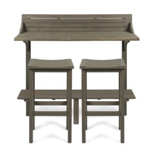 christopher knight home caribbean outdoor acacia wood balcony bar set, 3-pcs set, grey finish