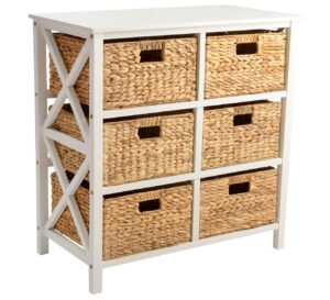 ehemco 3 tier x-side end storage cabinet, table with 6 wicker baskets for bedroom, living room in white