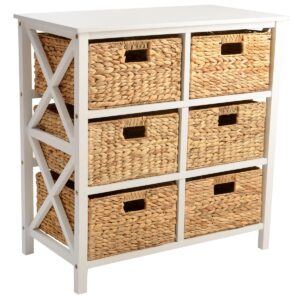 eHemco 3 Tier X-Side End Storage Cabinet, table with 6 Wicker Baskets for bedroom, living room in White