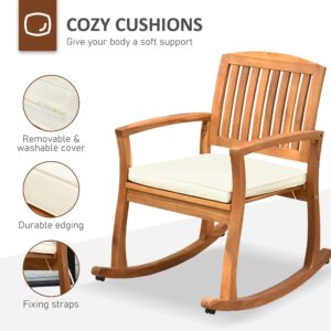 Outsunny Outdoor Rocking Chair with Cushion, Acacia Wood Patio Rocker for Backyard, Patio, Home, Teak Tone