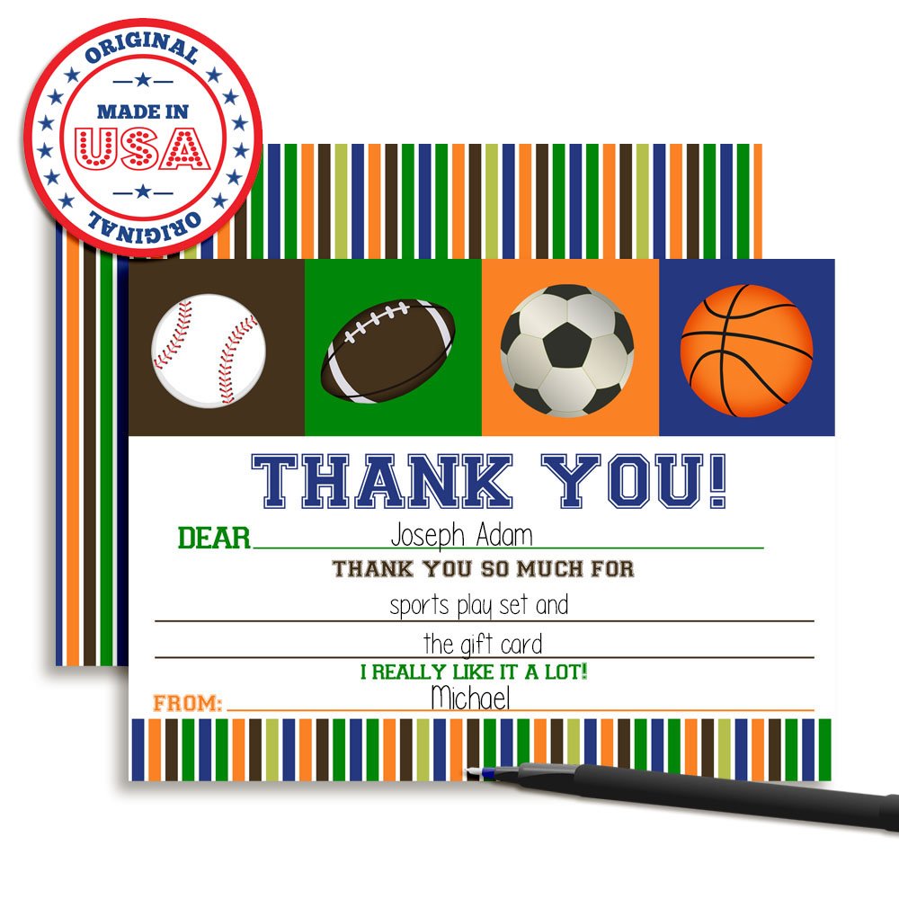 All Star Sports Birthday Thank You Notes for Kids, Ten 4" x 5.5" Fill In the Blank Cards with 10 White Envelopes by AmandaCreation