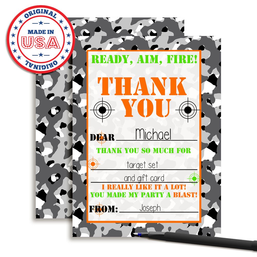 Camouflage Laser Tag Birthday Thank You Notes for Kids, Ten 4" x 5.5" Fill In the Blank Cards with 10 White Envelopes by AmandaCreation