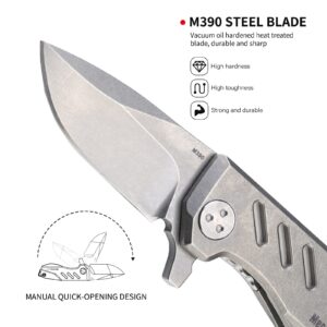 MecArmy EK33S Mini Pocket Folding Knife with Clip, One Hand Quick Opening Knives with Liner Lock for Men Titanium Handle M390 Blade EDC Knife, Aluminum EDC box and Kydex sheath included (Stonewashed)