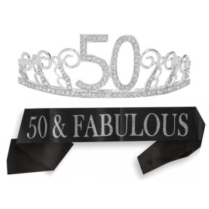 meant2tobe 50th birthday sash and tiara for women - fabulous glitter sash + waves rhinestone silver premium metal tiara for her, 50th birthday gifts for 50 party