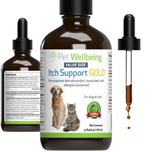 pet wellbeing itch support gold for dogs - occasional itching, scratching, and hot spots, environmental and seasonal allergies - veterinarian-formulated herbal supplement 4 oz (118 ml)