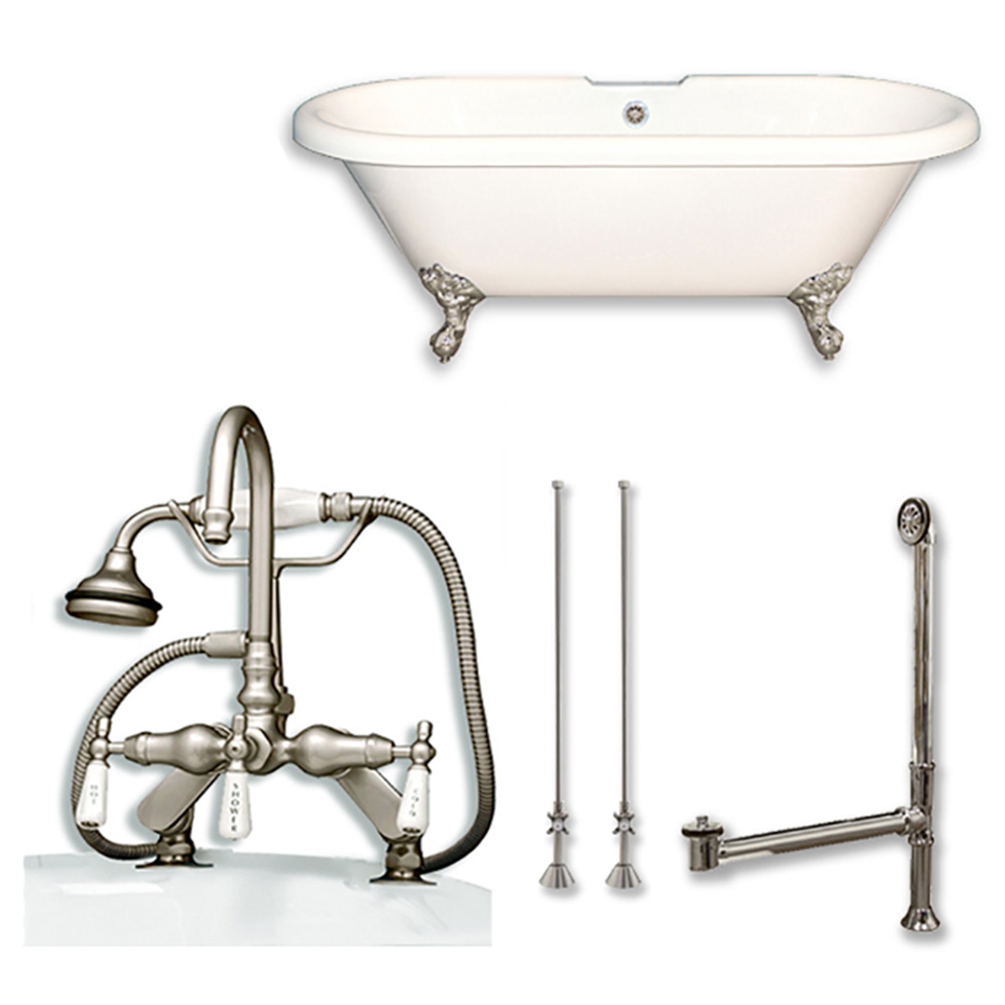 Cambridge Plumbing ADEP60-684D-PKG-BN-7DH Acrylic Double Ended Pedestal Bathtub, 60" x 30"