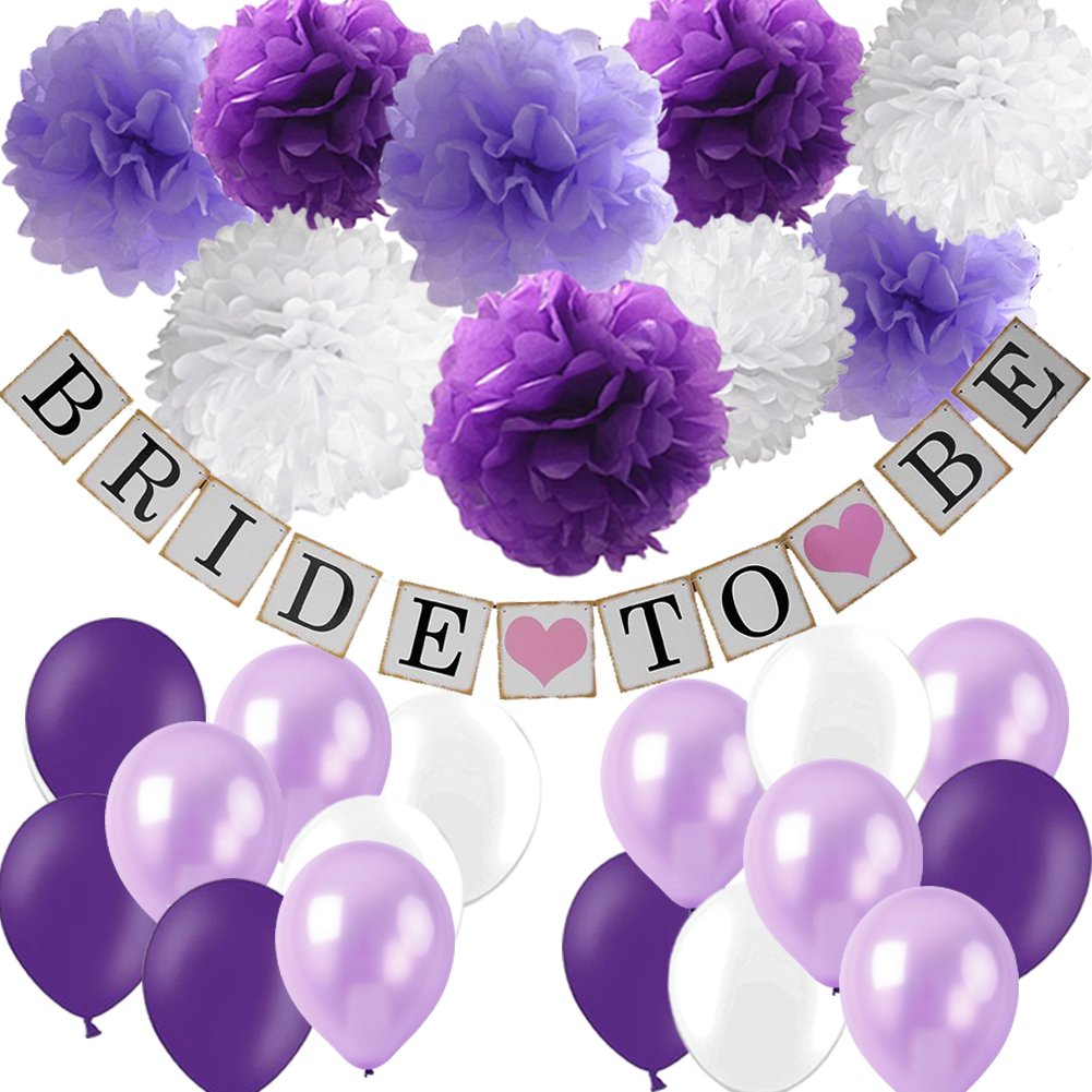 Purple Bridal Shower Decorations Set- Bride To Be Banner White Lavender Purple Big Size Tissue Paper Flower Pom Poms Latex Balloons for Lavender Purple Wedding Party Decor/Bachelorette Party