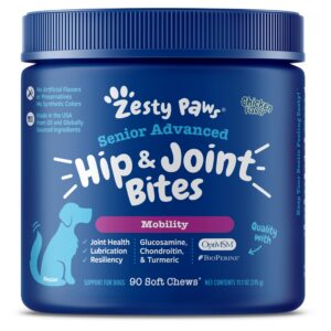 zesty paws mobility bites joint supplement for dogs - hip and joint chews for dogs - glucosamine for dogs, chondroitin, & msm + vitamins c and e for dog joint relief - adv chicken - 90 count