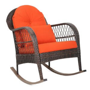 tangkula outdoor wicker rocking chair, all- weather rattan armchair w/heavy-duty steel frame, patio glider rocker chair w/thick cushions & lumbar pillow for poolside, garden, porch, backyard