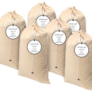 Cotton Clinic 6 Pack Set Cotton Laundry Bags for Delicates, Laundry Bags Canvas Extra Large 24"x36", Multi Purpose Bags, Heavy Duty Natural Drawstring Laundry Bags Cotton