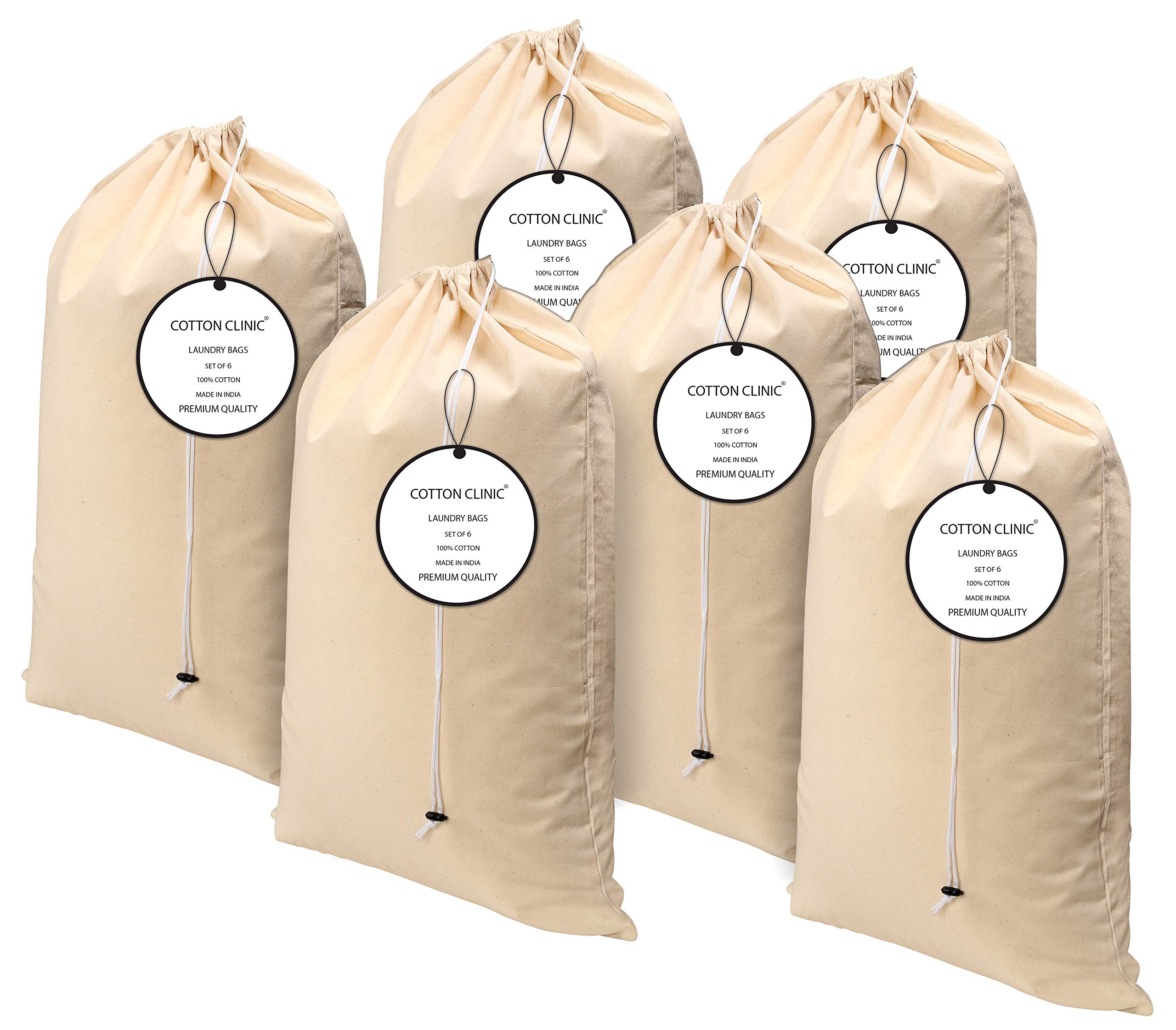 Cotton Clinic 6 Pack Set Cotton Laundry Bags for Delicates, Laundry Bags Canvas Extra Large 24"x36", Multi Purpose Bags, Heavy Duty Natural Drawstring Laundry Bags Cotton