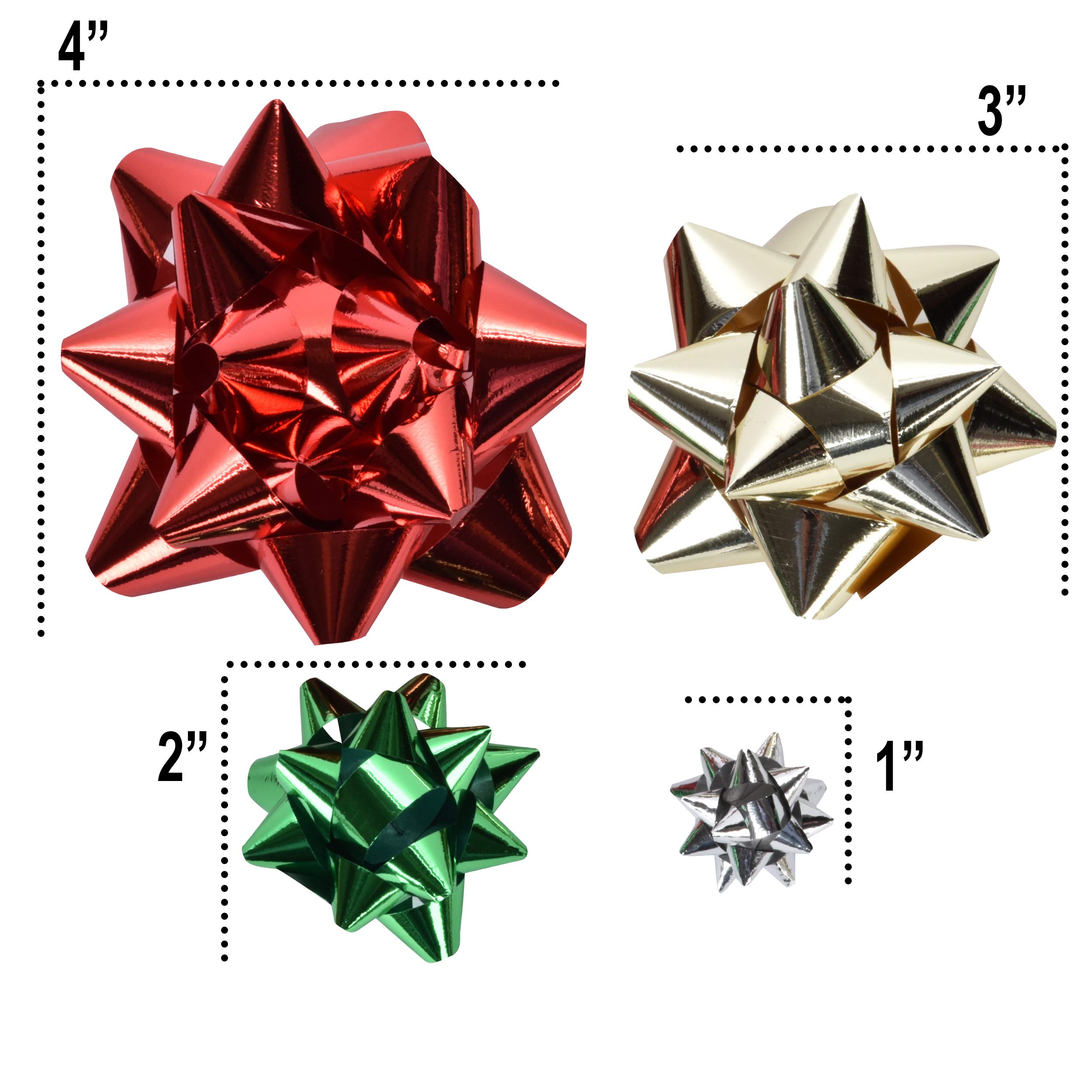 120 Christmas Bows Self Adhesive for Presents Wreaths Wrapping Holiday Gifts Includes Large Medium Small and Mini Sizes in Red Green Silver and Gold 24 of 4", 30 of 3", 30 of 2",and 36 1" Bows