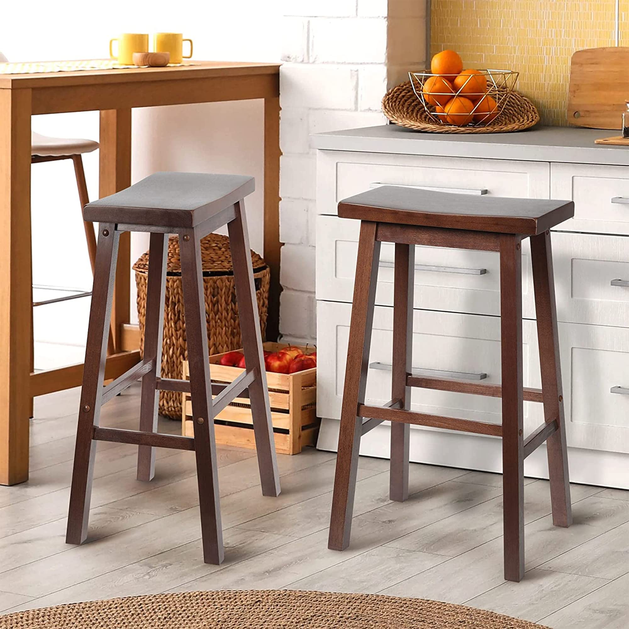 PJ Wood Classic Modern Solid Wood 24 Inch Tall Backless Saddle-Seat Easy Assemble Counter Stool for All Occasions, Walnut (1 Piece)