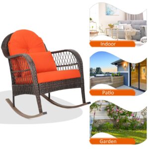 Tangkula Outdoor Wicker Rocking Chair, All- Weather Rattan Armchair w/Heavy-Duty Steel Frame, Patio Glider Rocker Chair w/Thick Cushions & Lumbar Pillow for Poolside, Garden, Porch, Backyard