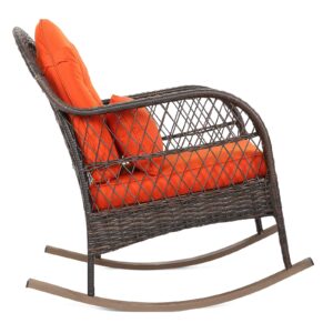 Tangkula Outdoor Wicker Rocking Chair, All- Weather Rattan Armchair w/Heavy-Duty Steel Frame, Patio Glider Rocker Chair w/Thick Cushions & Lumbar Pillow for Poolside, Garden, Porch, Backyard