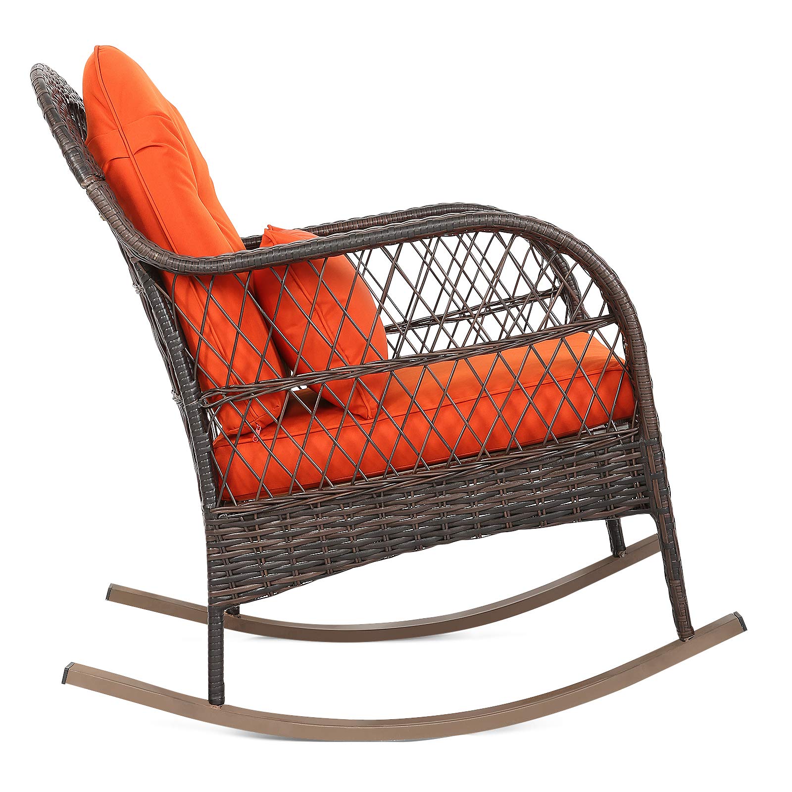 Tangkula Outdoor Wicker Rocking Chair, All- Weather Rattan Armchair w/Heavy-Duty Steel Frame, Patio Glider Rocker Chair w/Thick Cushions & Lumbar Pillow for Poolside, Garden, Porch, Backyard