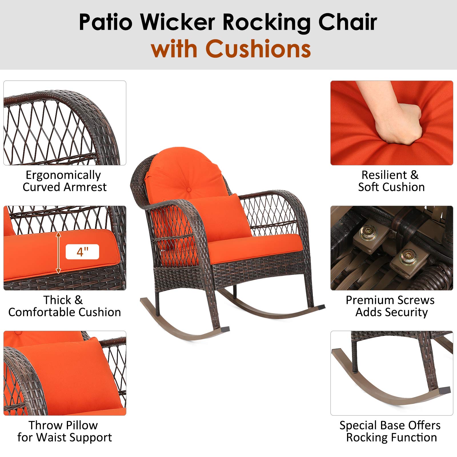 Tangkula Outdoor Wicker Rocking Chair, All- Weather Rattan Armchair w/Heavy-Duty Steel Frame, Patio Glider Rocker Chair w/Thick Cushions & Lumbar Pillow for Poolside, Garden, Porch, Backyard