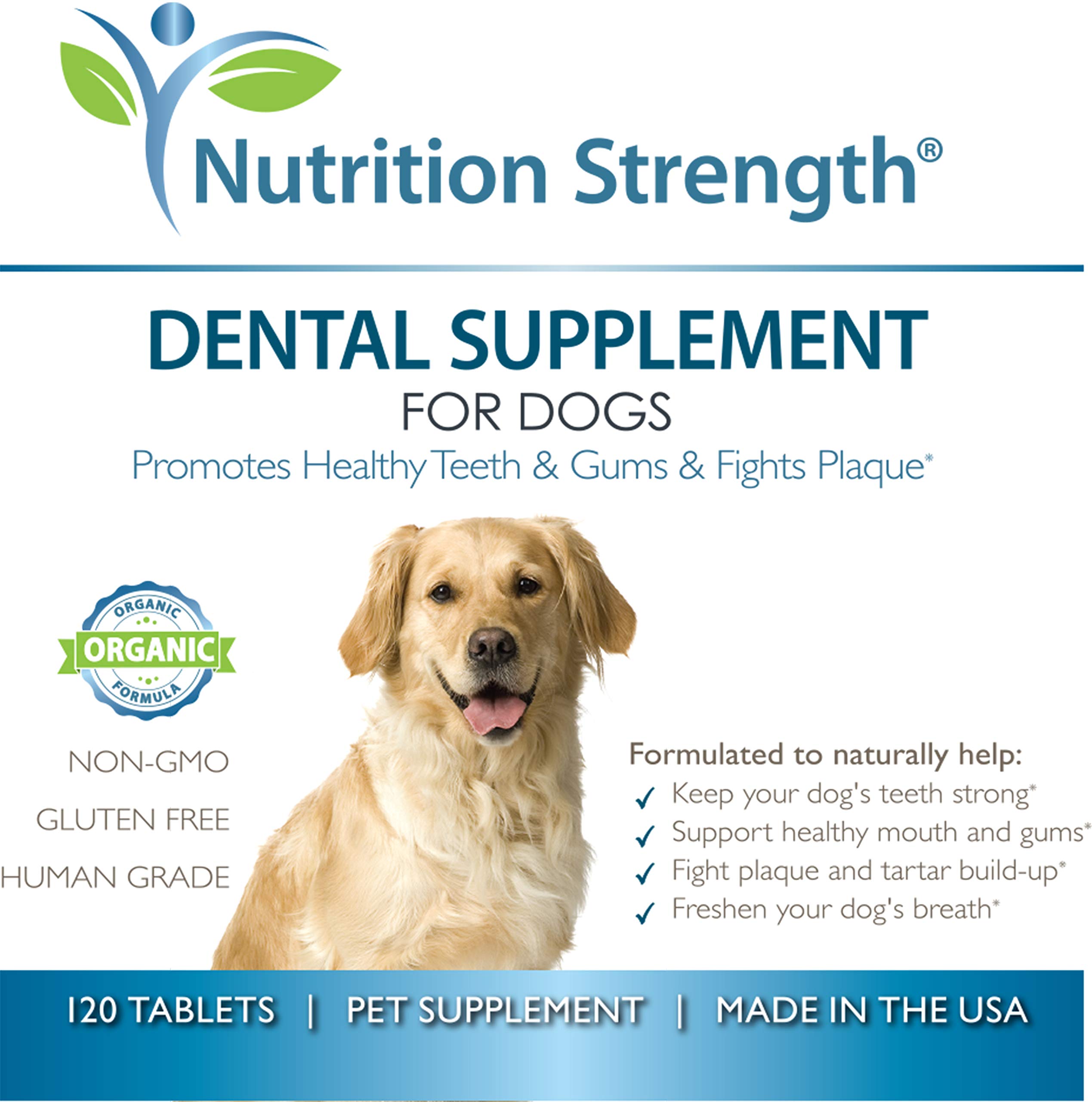 Nutrition Strength Dental Care for Dogs, Daily Supplement for Healthy Dog Gums and Teeth with Organic Kelp, Strawberry Leaf, Pumpkin Seed for Dog Mouth and Teeth Cleaning, 120 Chewable Tablets