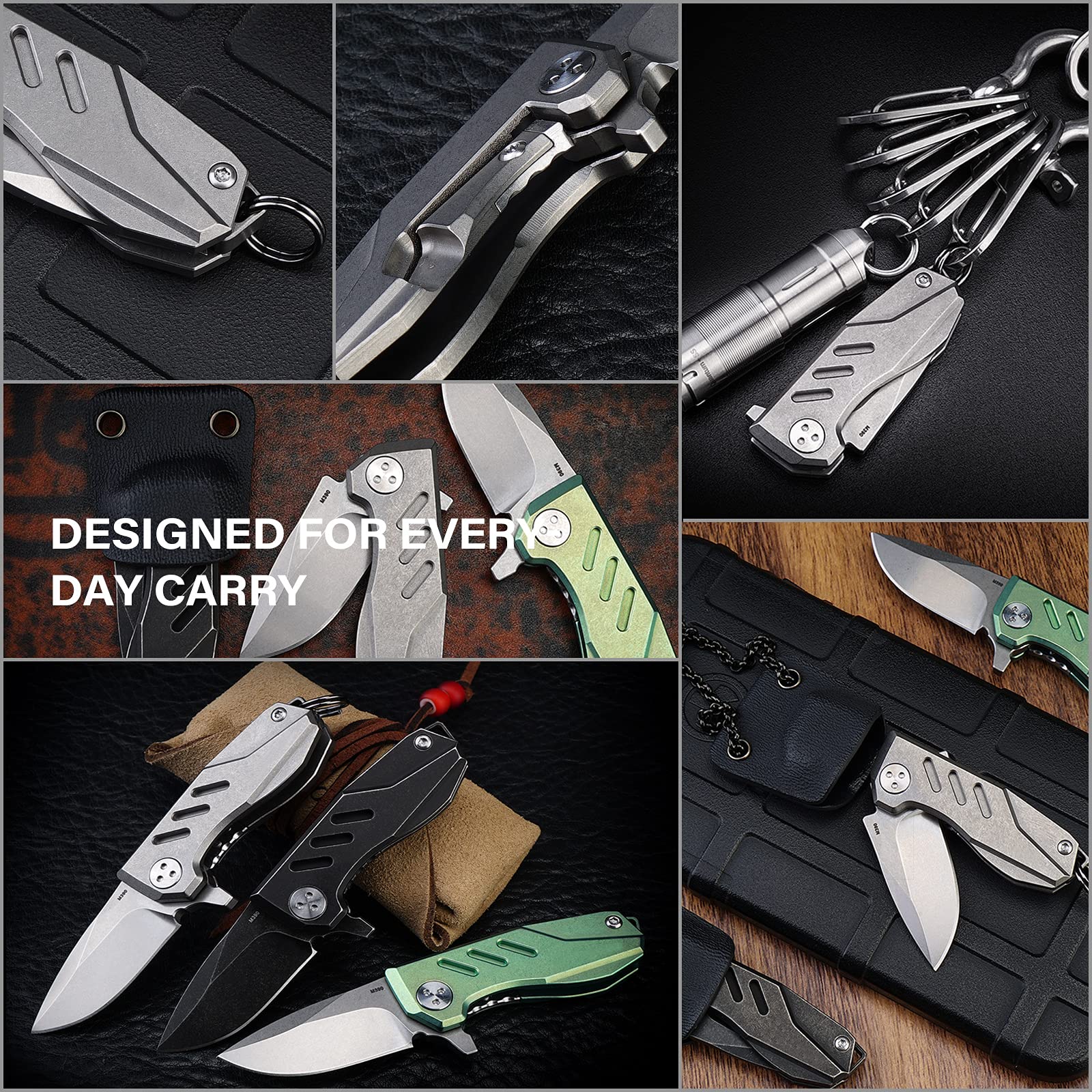 MecArmy EK33S Mini Pocket Folding Knife with Clip, One Hand Quick Opening Knives with Liner Lock for Men Titanium Handle M390 Blade EDC Knife, Aluminum EDC box and Kydex sheath included (Stonewashed)