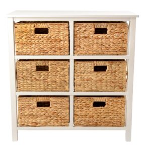 eHemco 3 Tier X-Side End Storage Cabinet, table with 6 Wicker Baskets for bedroom, living room in White