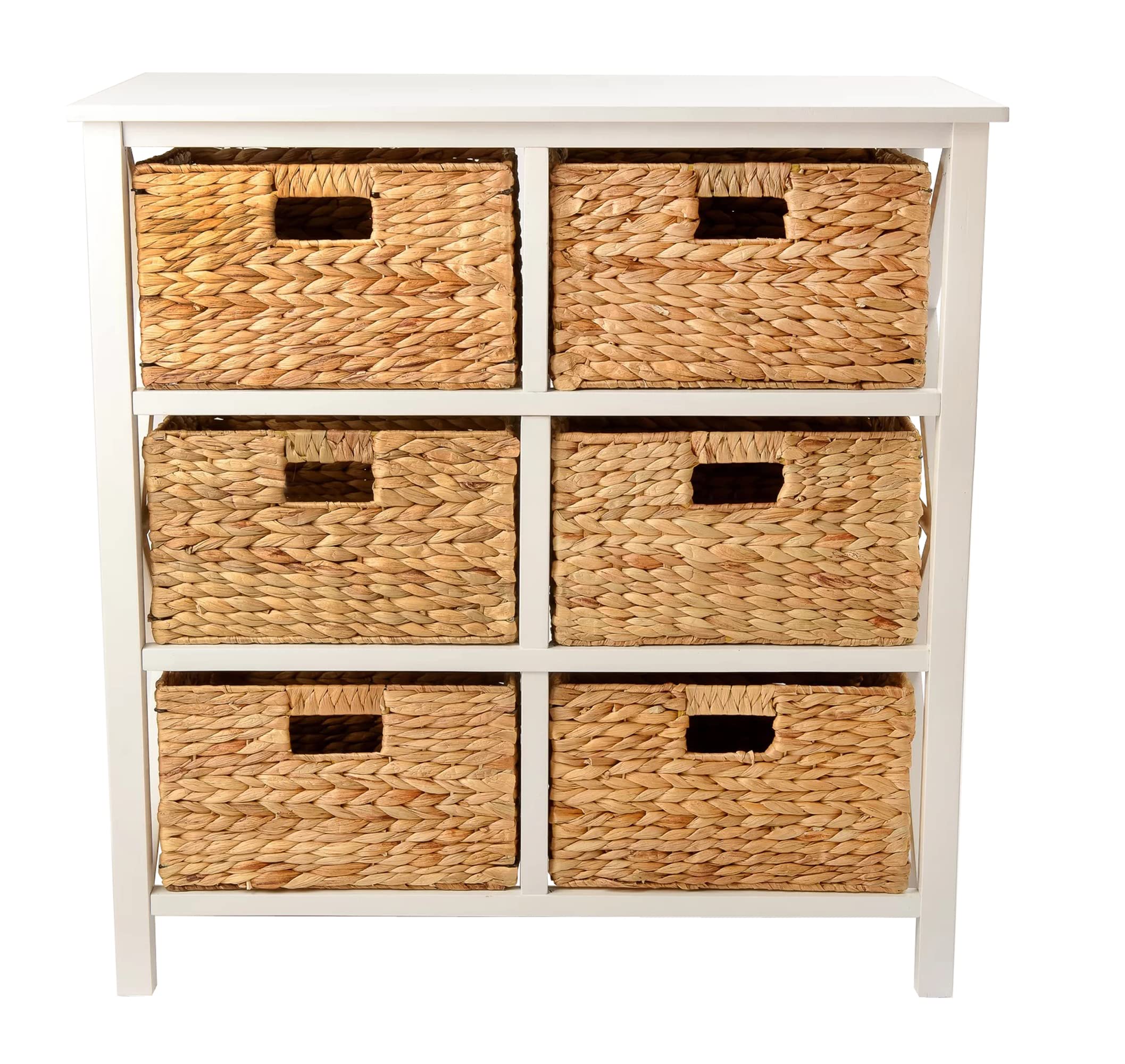 eHemco 3 Tier X-Side End Storage Cabinet, table with 6 Wicker Baskets for bedroom, living room in White