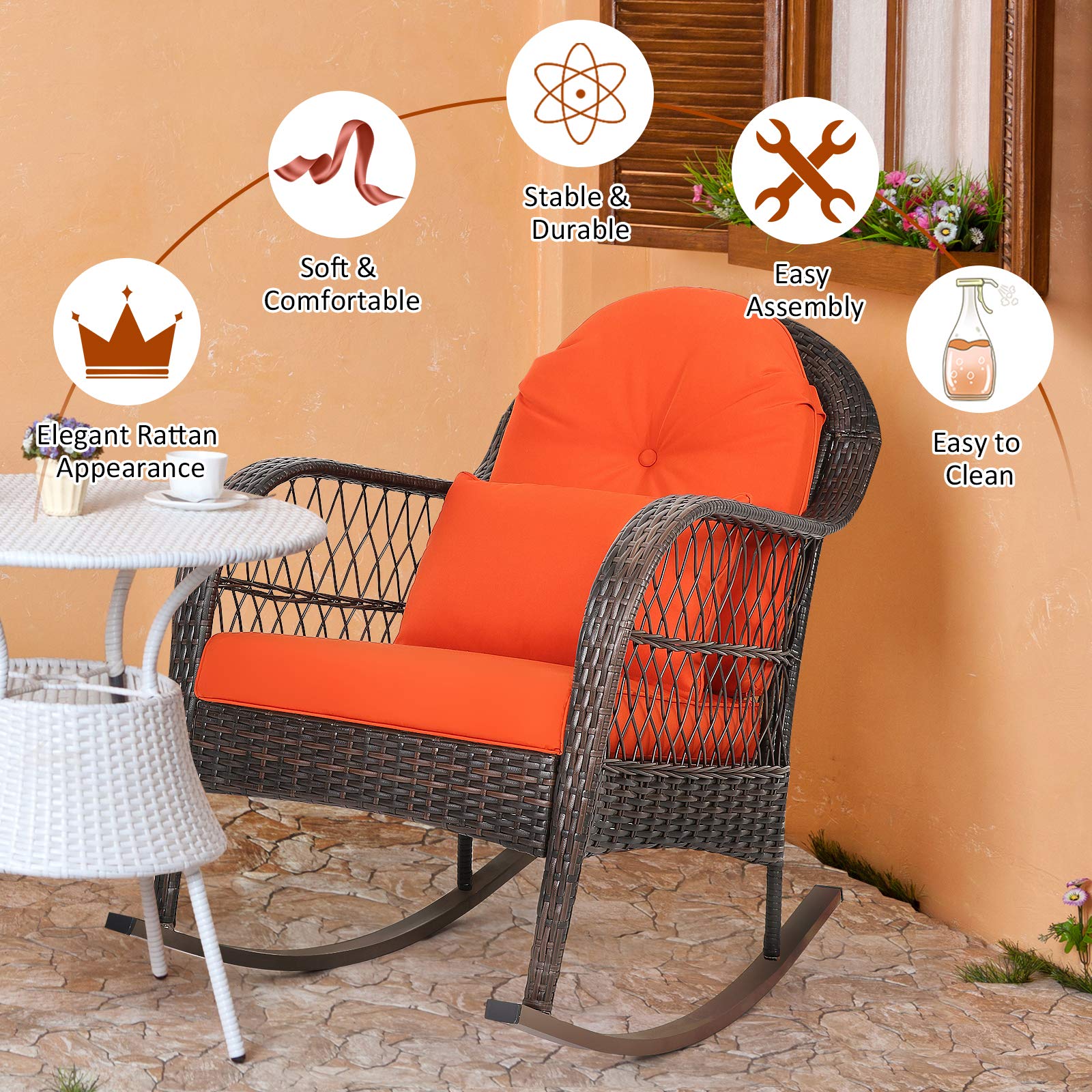 Tangkula Outdoor Wicker Rocking Chair, All- Weather Rattan Armchair w/Heavy-Duty Steel Frame, Patio Glider Rocker Chair w/Thick Cushions & Lumbar Pillow for Poolside, Garden, Porch, Backyard