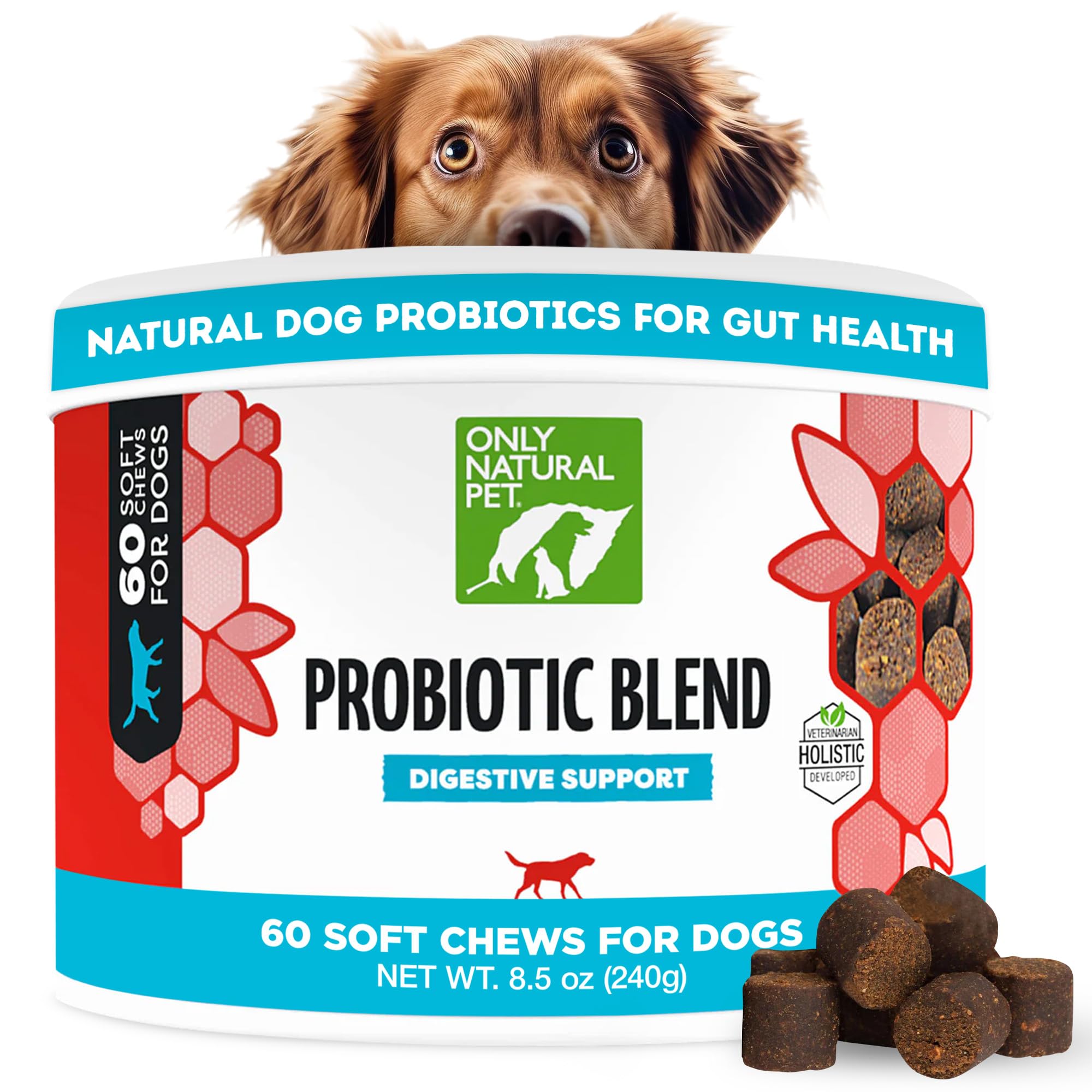 Only Natural Pet Probiotic Dog and Cat Supplement - Digestive & Gut Health Enzyme Formula, Puppy & Canine Digestive Chews, Best for Stomach Relief & Gas Aid - Soft Chews, 60 Count.