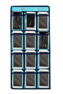 nimes hanging closet underwear sock jewelry storage over the door classroom cell phone calculator organizer 12 clear pockets (blue)