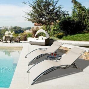 Kozyard KozyLounge Elegant Patio Reclining Adjustable Chaise Lounge Aluminum and Textilene Sunbathing Chair for All Weather with headrest (2 Packs), Very Light, (Taupe W/Table)