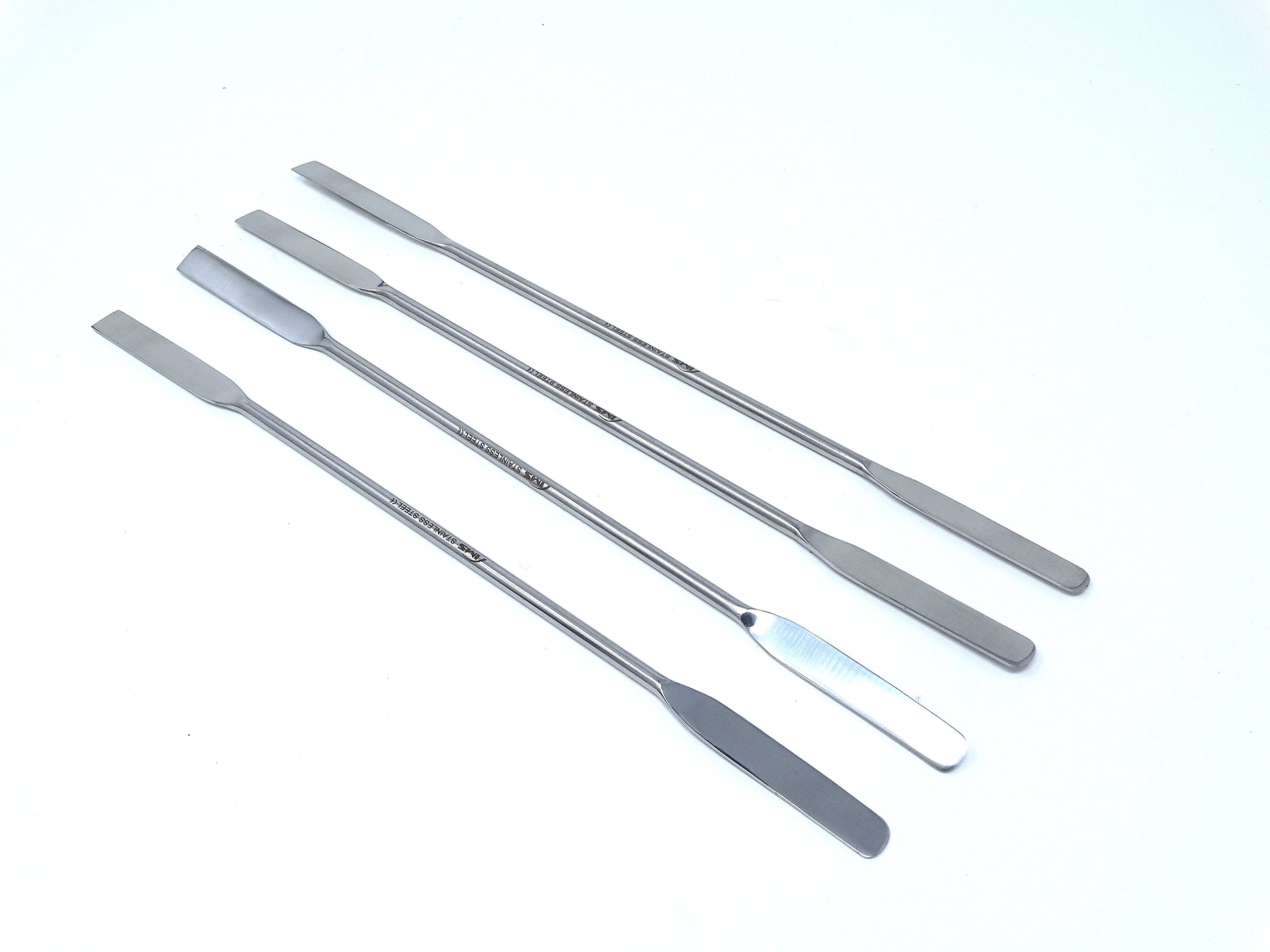 Pack of 4 Lab Micro Double Ended Spatula Square/Round End (Flat Ends 50mm x 9mm), 9" Length, Stainless Steel