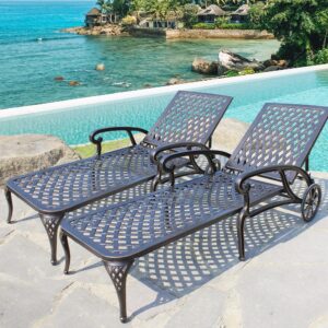 homefun chaise lounge chair outdoor, pool lounge chairs set of 2 cast aluminum tanning chairs with adjustable backrest and moveable wheels, bronze