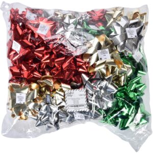 120 Christmas Bows Self Adhesive for Presents Wreaths Wrapping Holiday Gifts Includes Large Medium Small and Mini Sizes in Red Green Silver and Gold 24 of 4", 30 of 3", 30 of 2",and 36 1" Bows