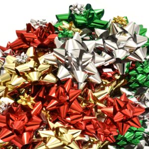 120 christmas bows self adhesive for presents wreaths wrapping holiday gifts includes large medium small and mini sizes in red green silver and gold 24 of 4", 30 of 3", 30 of 2",and 36 1" bows