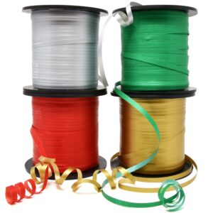 gift boutique christmas curling ribbon pack of 4 rolls green, red gold & silver; holiday party crafts supplies decorations- 350 yards per roll – total of 4200 feet 5 mm ribbon