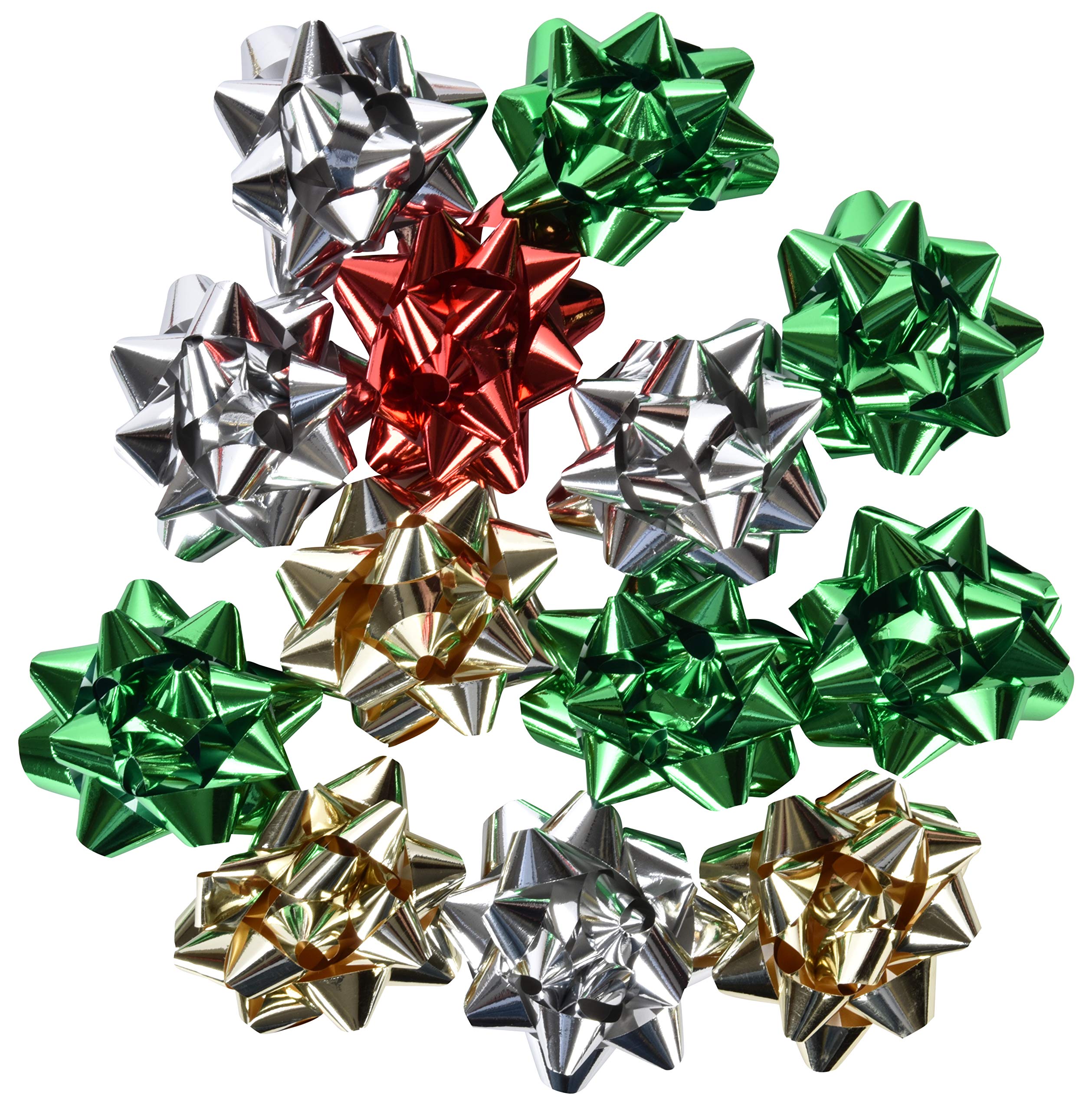 120 Christmas Bows Self Adhesive for Presents Wreaths Wrapping Holiday Gifts Includes Large Medium Small and Mini Sizes in Red Green Silver and Gold 24 of 4", 30 of 3", 30 of 2",and 36 1" Bows